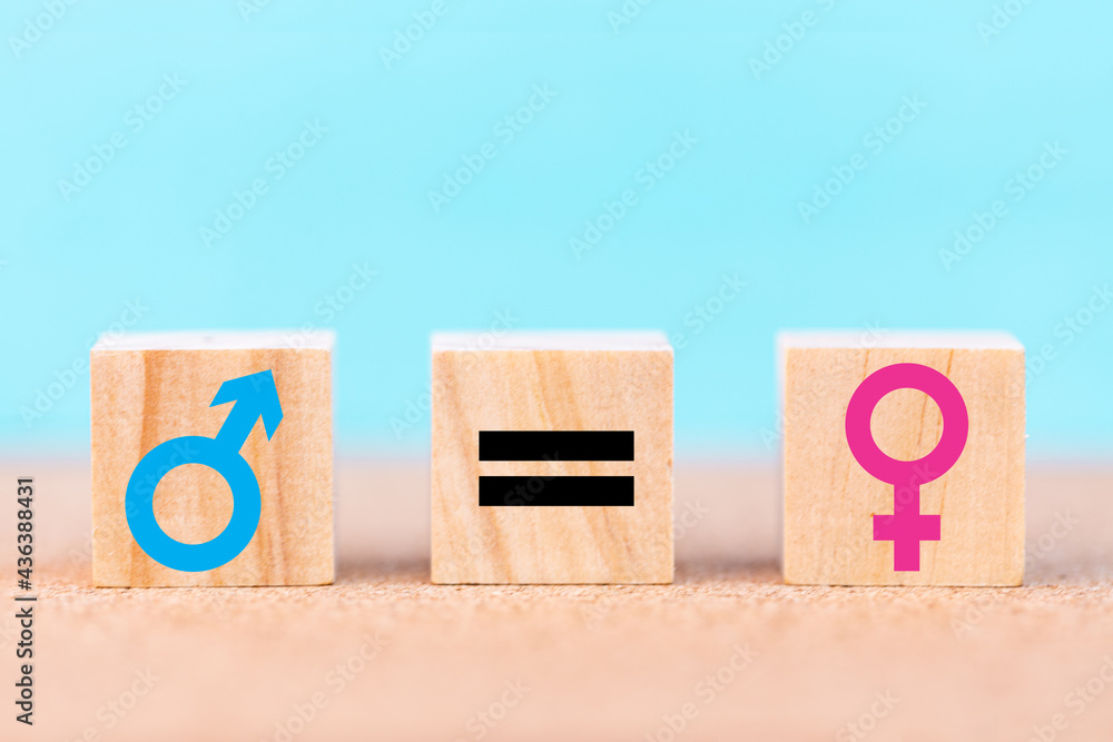 Concepts of gender equality. wooden cubes with symbol equal sign and ...