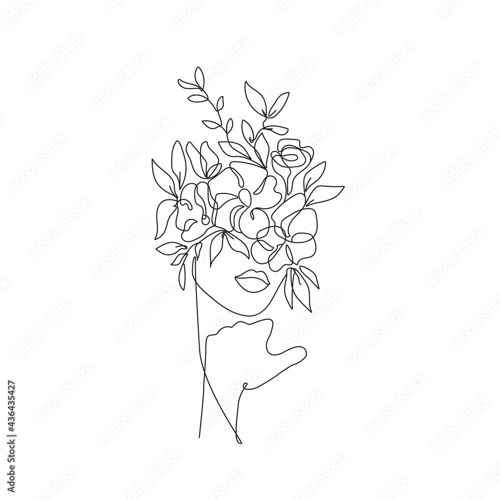 Woman Face With Flowers Line Art Drawing Continuous One Line Drawing