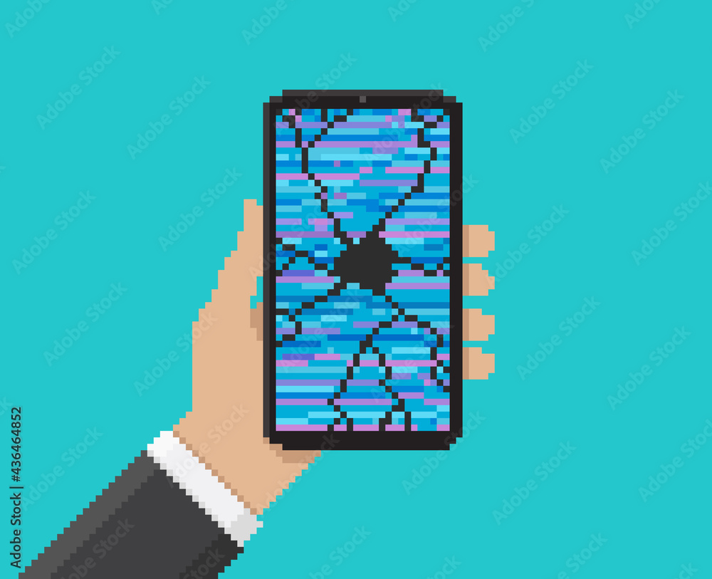 Pixel art, vector illustration of hand holding damage smartphone with ...