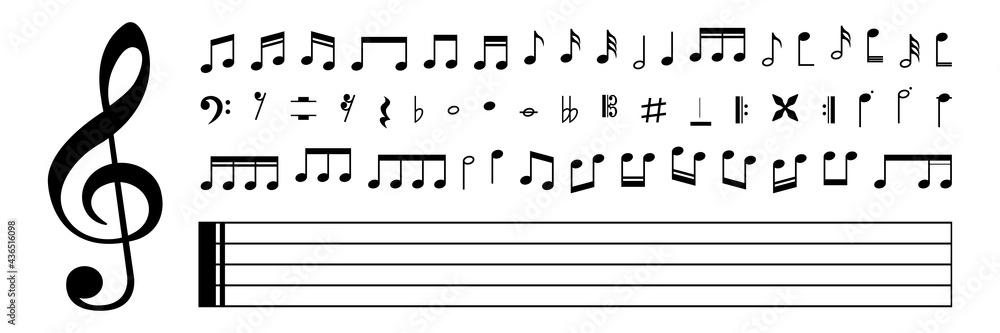 Collection of Music notes. Musical key signs. Vector symbols on white ...