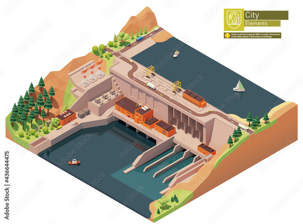 Vector isometric hydroelectric power station. Hydro power station dam ...