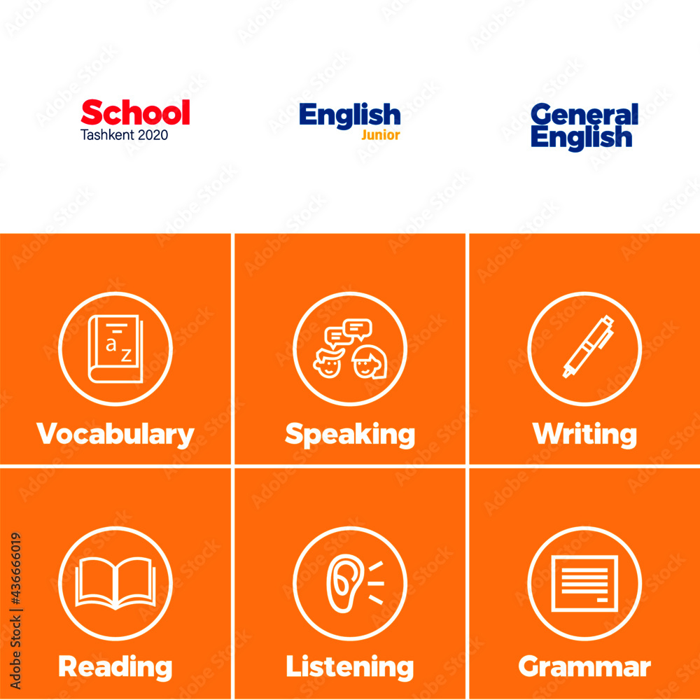 Vector de Stock English class icon set. Reading, Speaking, Writing ...