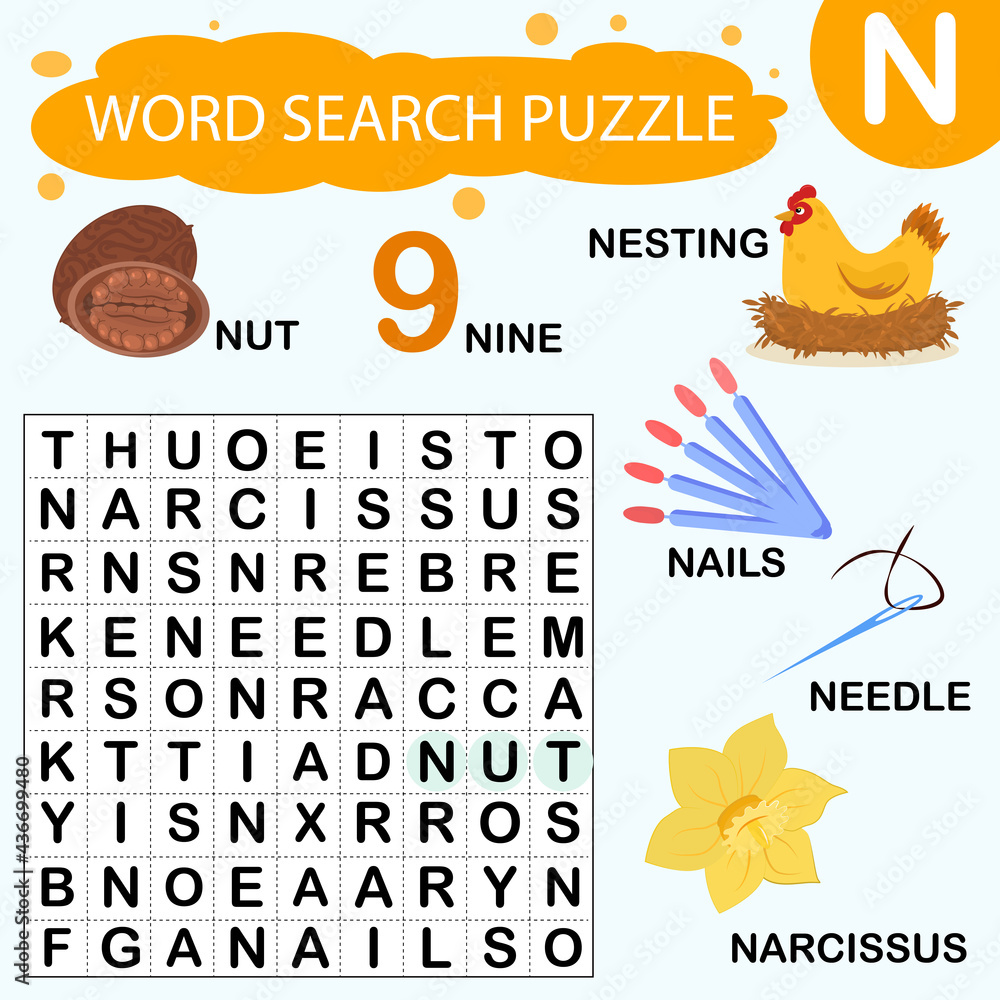 Vector educational game for kids. A puzzle for finding words starting ...
