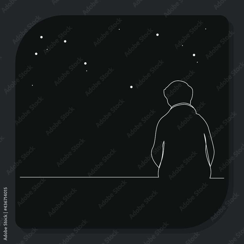 Continuous line, A man sitting lonely looking at the stars. Drawing of ...