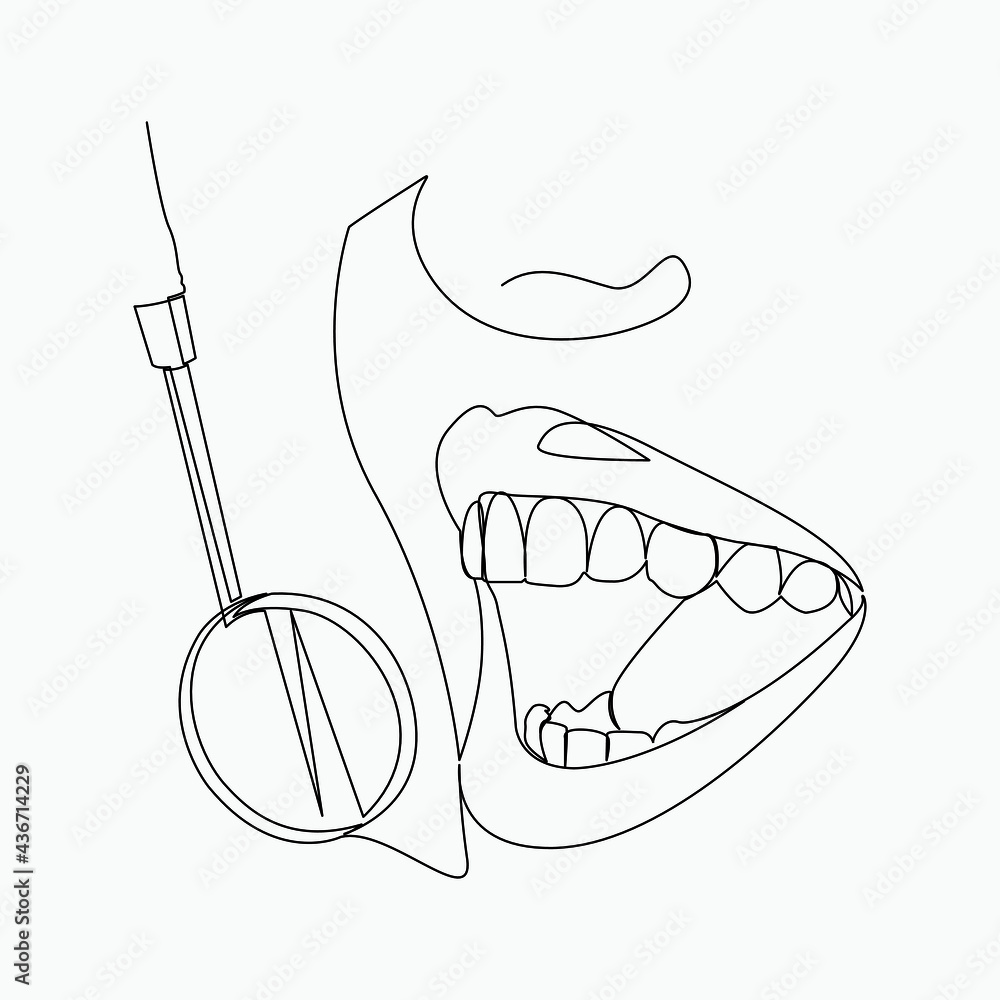 Continuous line, Examining dental inspection. Drawing of set Teeth ...