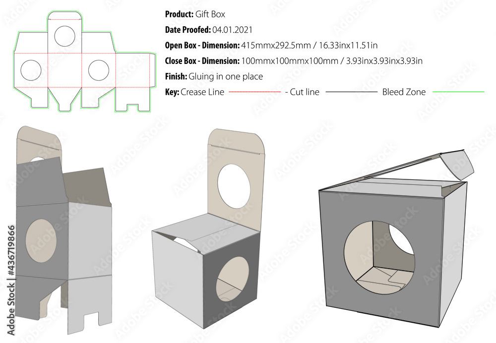 Gift box with a circle of three sides packaging design template gluing ...