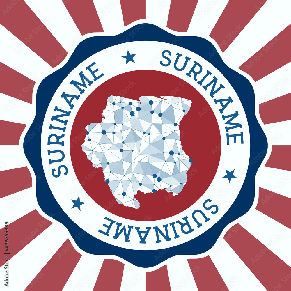 Suriname Badge. Round logo of country with triangular mesh map and radial rays. EPS10 Vector ...
