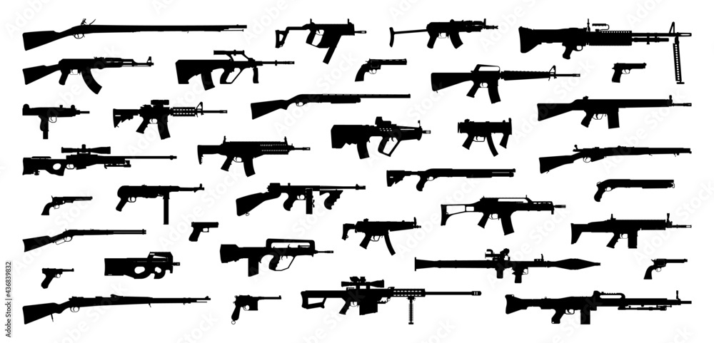 Weapons silhouette set. Collection of various realistic firearms ...