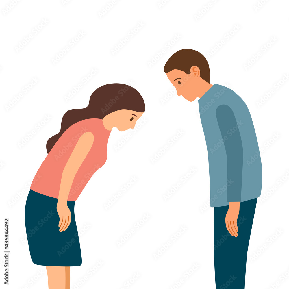 Two people bowing head and greeting. Thankful or respect expression ...