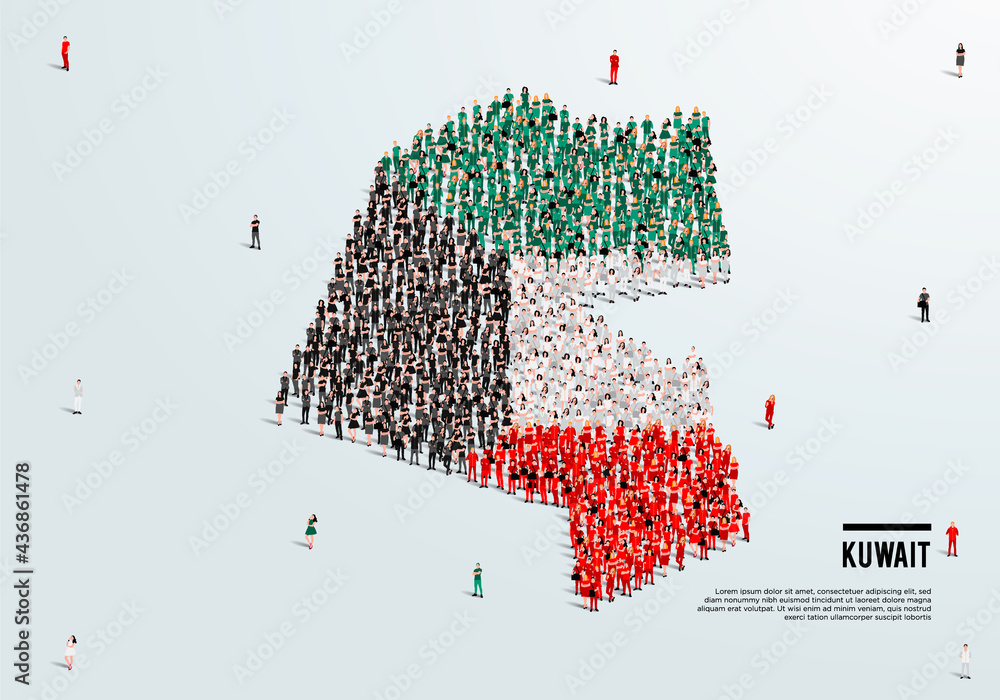 Kuwait Map and Flag. A large group of people in the Kuwait flag color ...