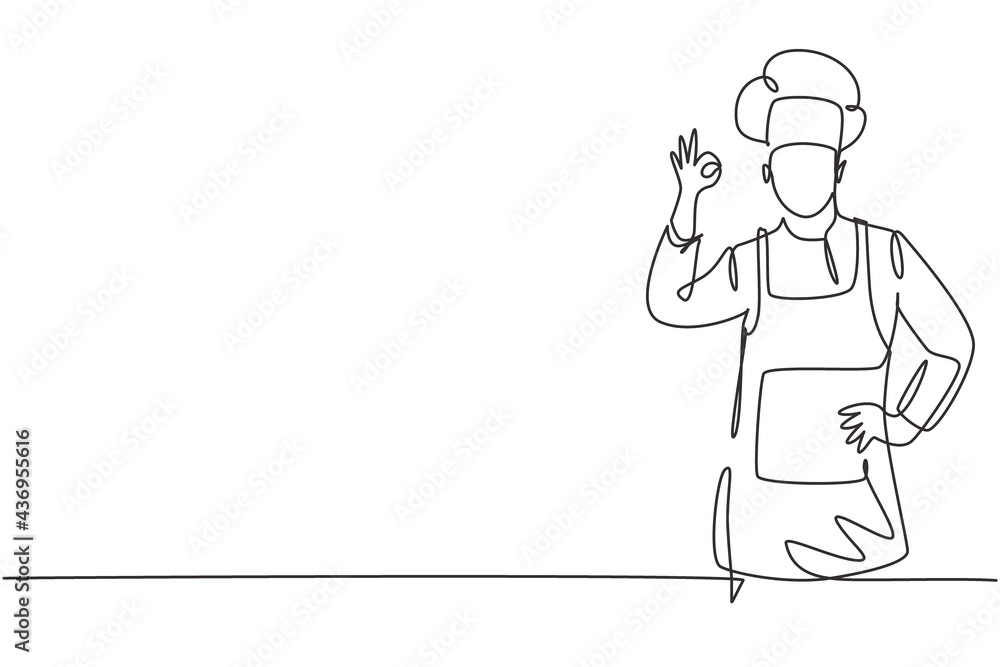 Single one line drawing of chef with gestures okay and wearing cooking ...