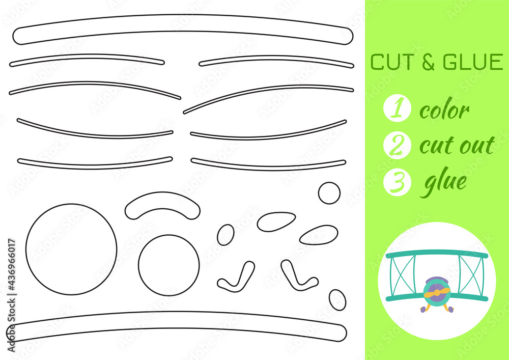 Color, cut and glue paper green airplane. Cut and paste craft activity ...