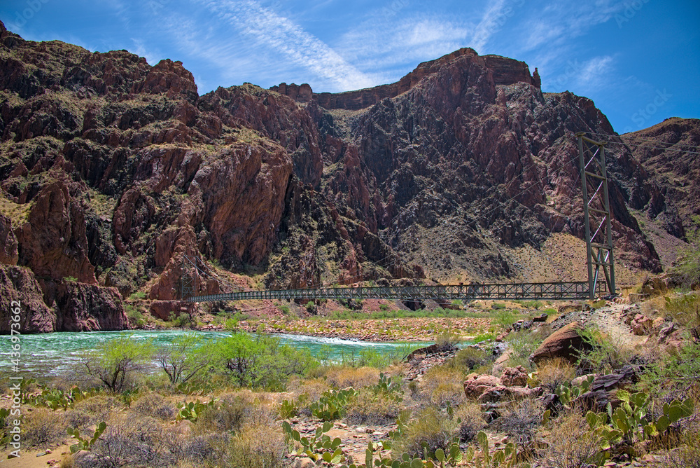 Famous Silver bridge on bright angel trail crossing the colorado river ...