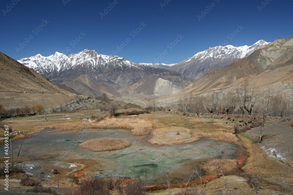 Valley of Jhong Khola River. Thapa Peak 6.012 meters high. Around ...