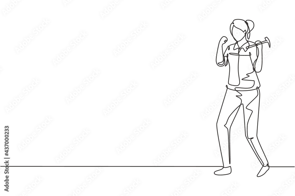 Continuous one line drawing female carpenter standing with celebrate ...