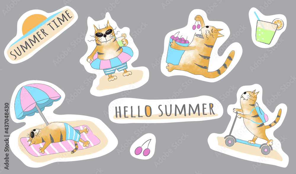 Summer stickers with ginger tabby cat. Cat sunbathing on the beach ...