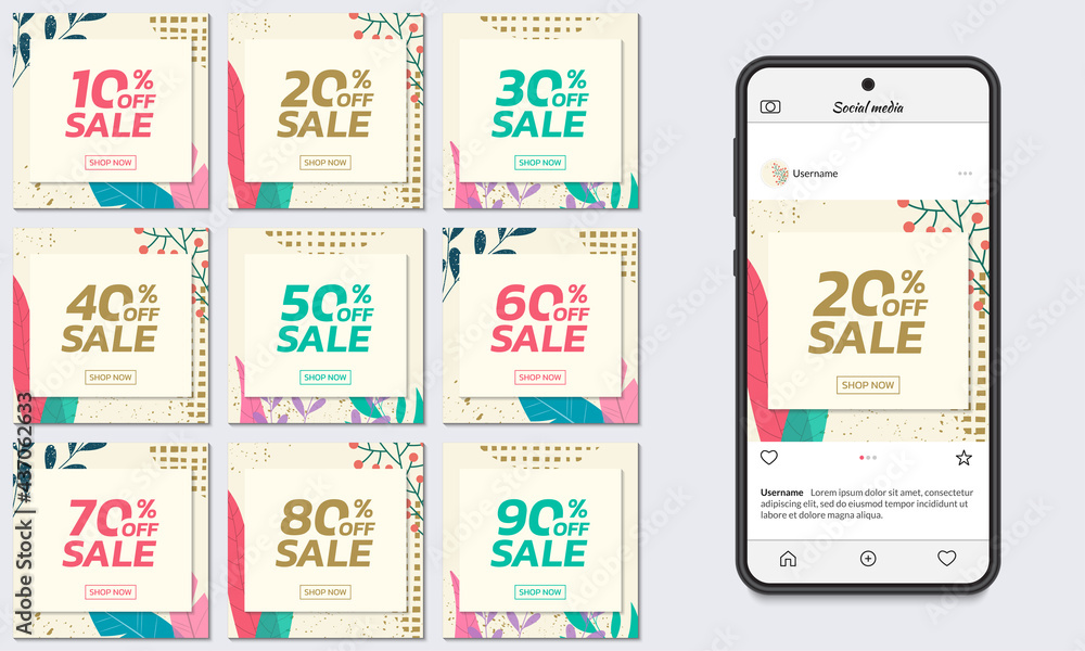 Social media sale post set with floral background. Trendy banner design ...