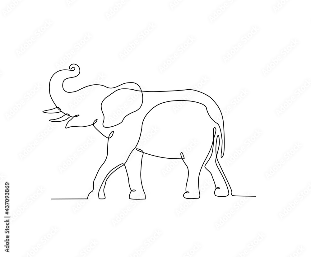 Elephant in continuous line art drawing style. Minimalist black big ...