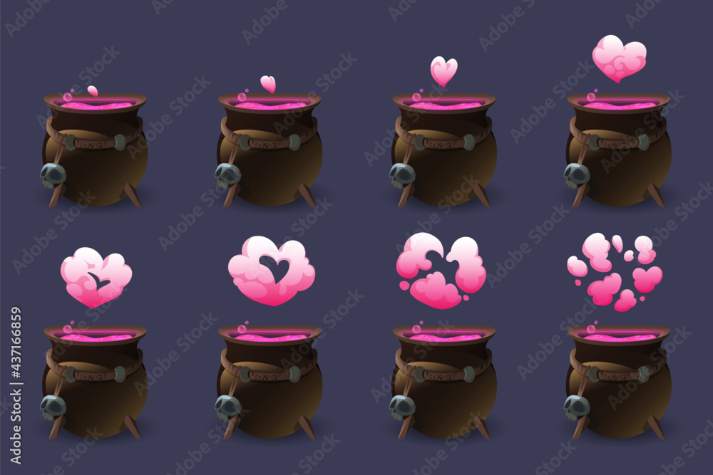 Cauldron with love potion motion sequence animation. Pink heart cloud ...