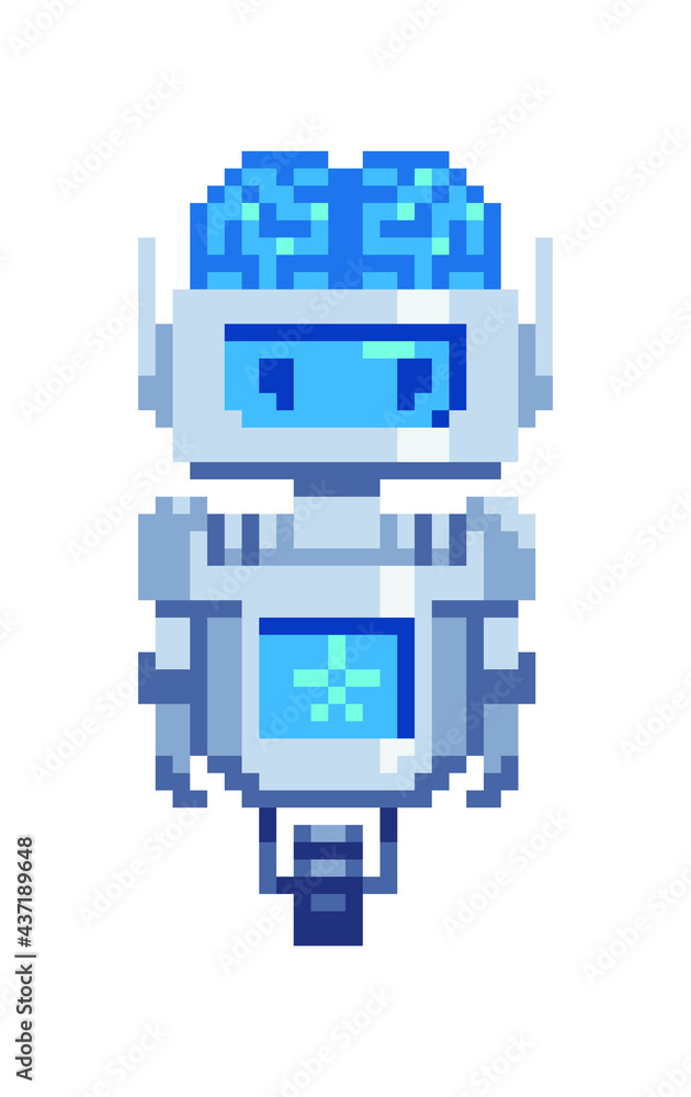 Chat bot online assistant, robot android pixel art character. Cyber brain, Artificial ...