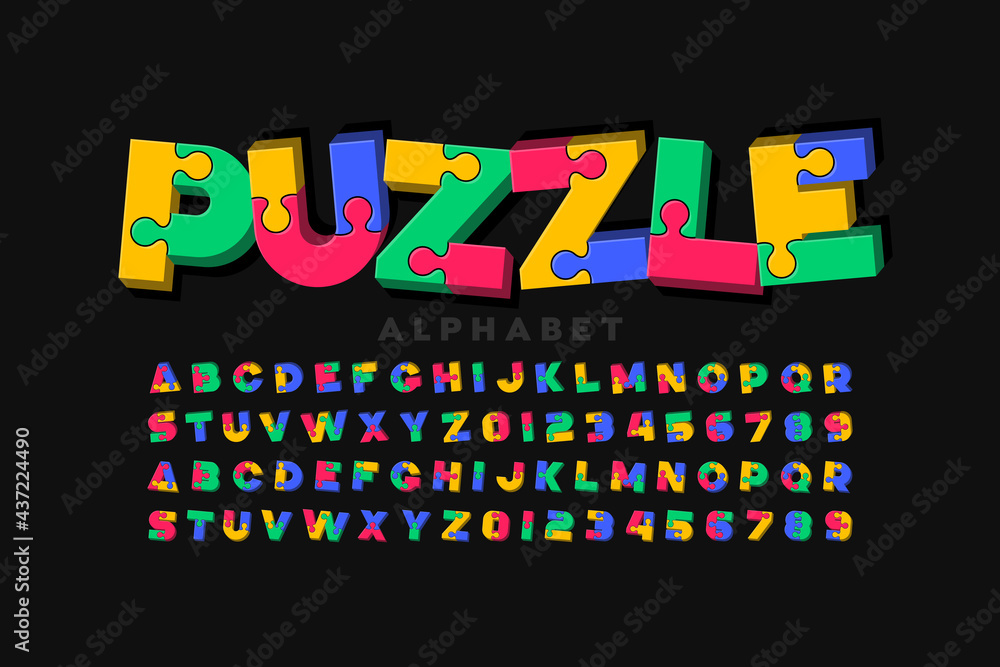 Puzzle game style 3d font, jigsaw puzzle alphabet letters and numbers ...