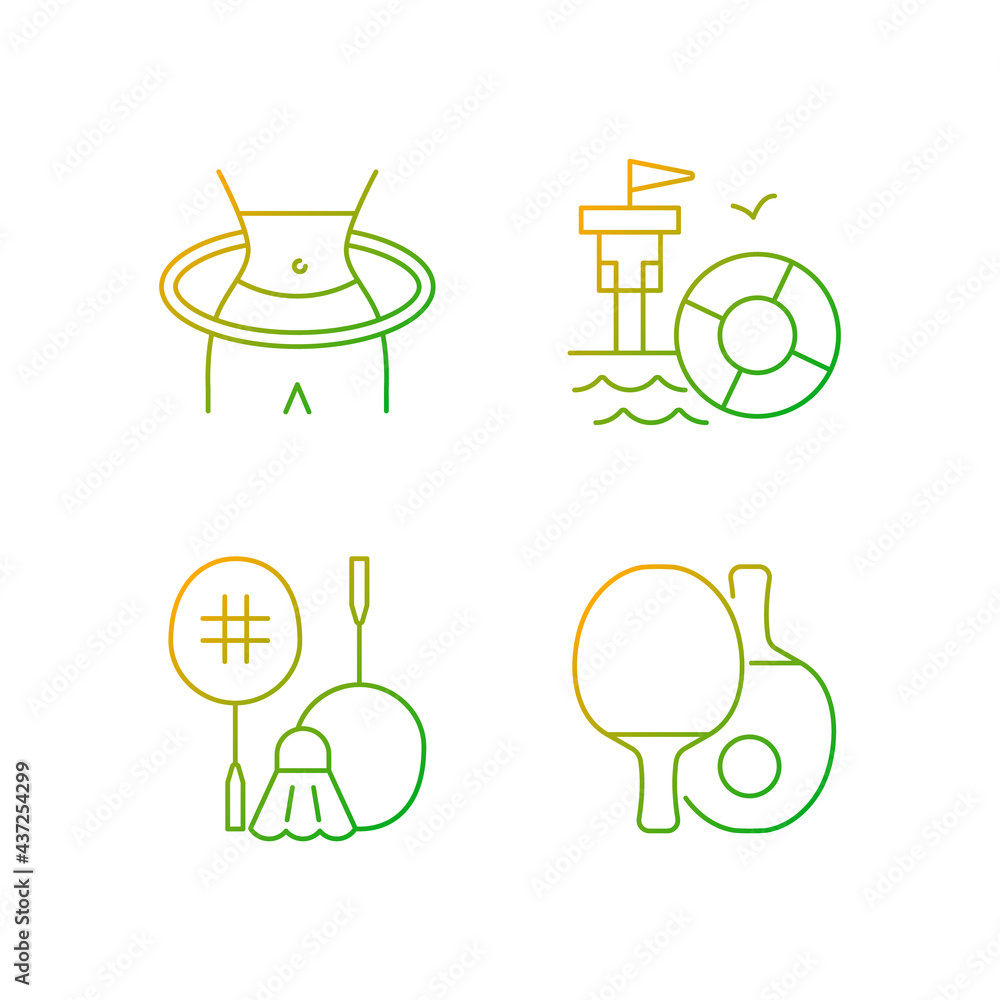 Summer camp activities gradient linear vector icons set. Hula Hoop ...