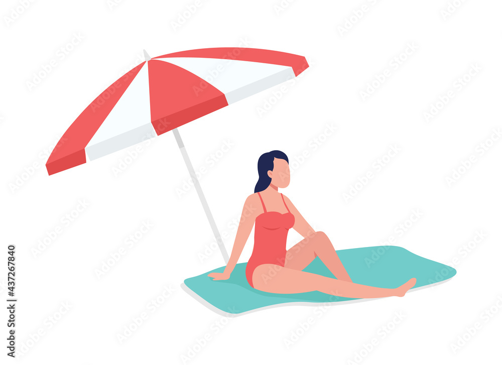 Sunbathing under sun umbrella semi flat color vector character ...