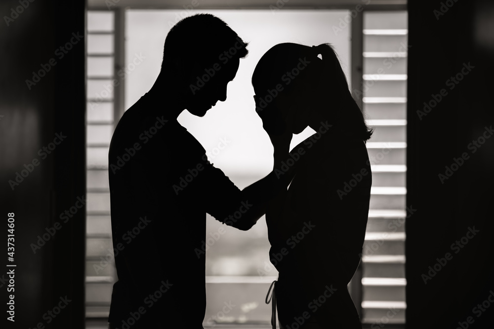 Young man comforting his sad crying depressed female friend showing his ...