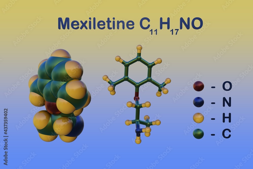 Structural chemical formula and molecular model of mexiletine, a local ...