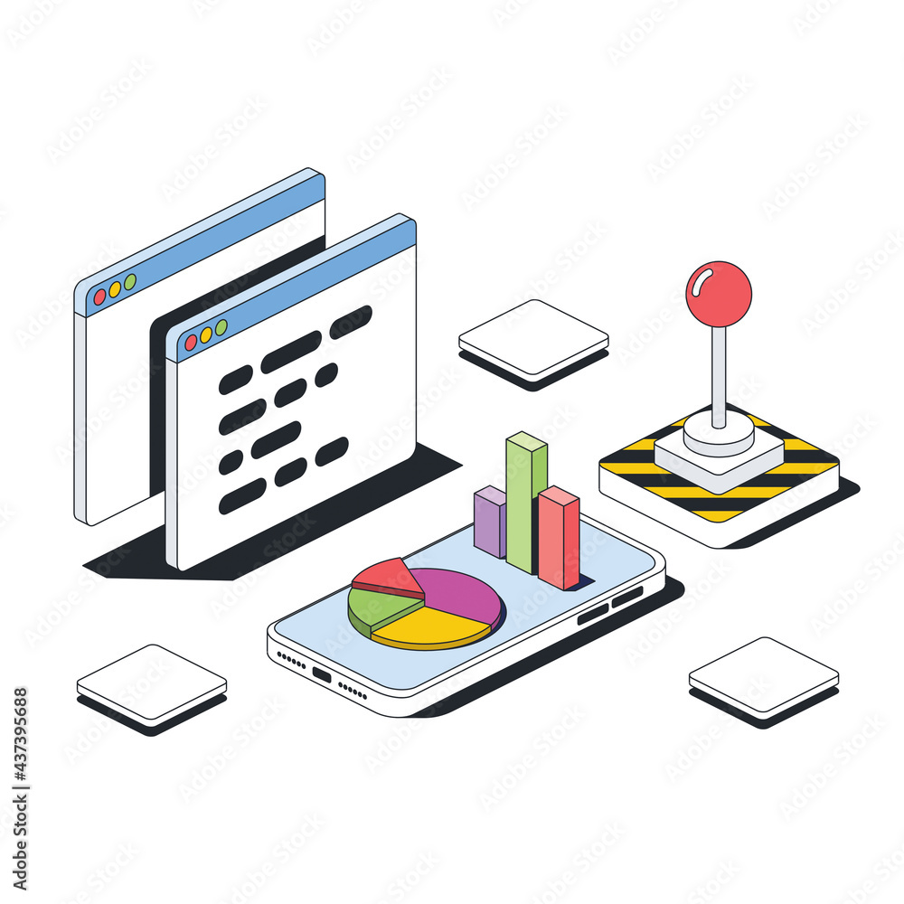 Program window, charts on smartphone screen, control panel manipulator ...