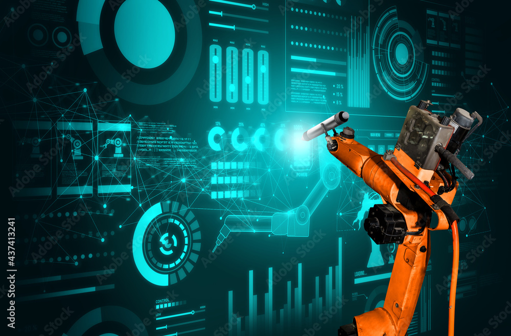 Robot arm AI analyzing mathematics for mechanized industry problem solving . Concept of robotics ...