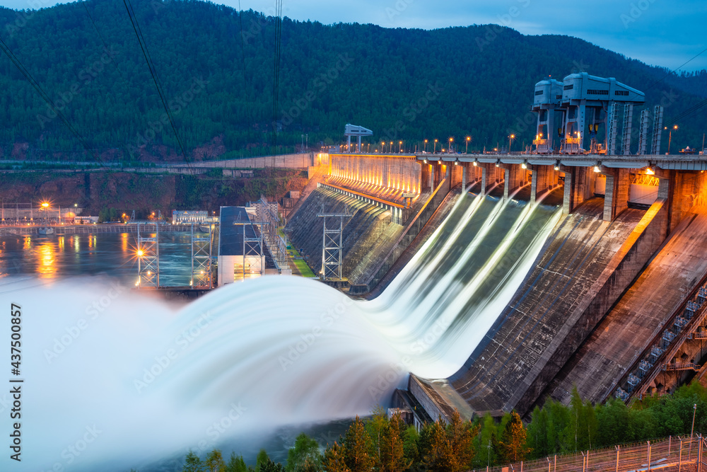 view of the hydroelectric dam, water discharge through locks Stock ...