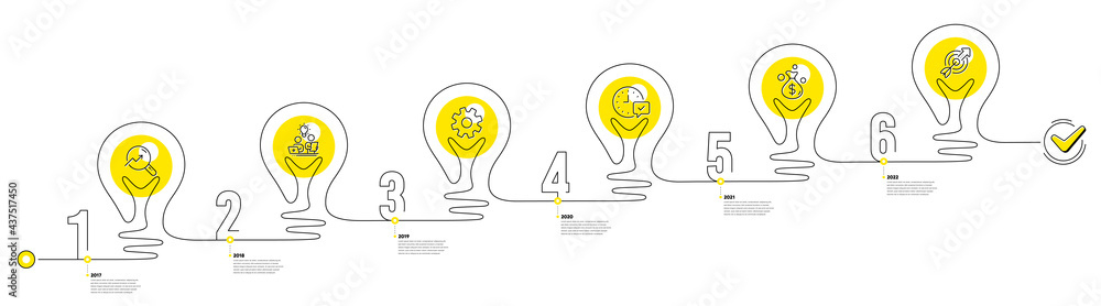 Continuous line timeline with lamp light bulbs icons. 6 steps idea ...