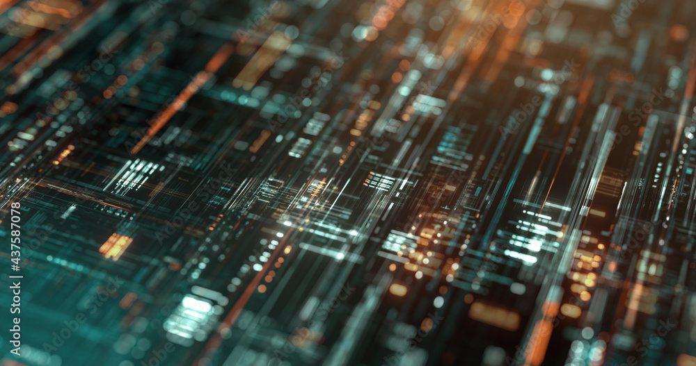 Hi-tech background. Processor CPU, GPU microchip and electronic signals ...