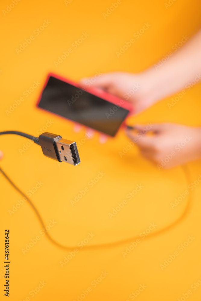 Vertical shot of a female plugging a USB wire to a mobile phon Stock ...