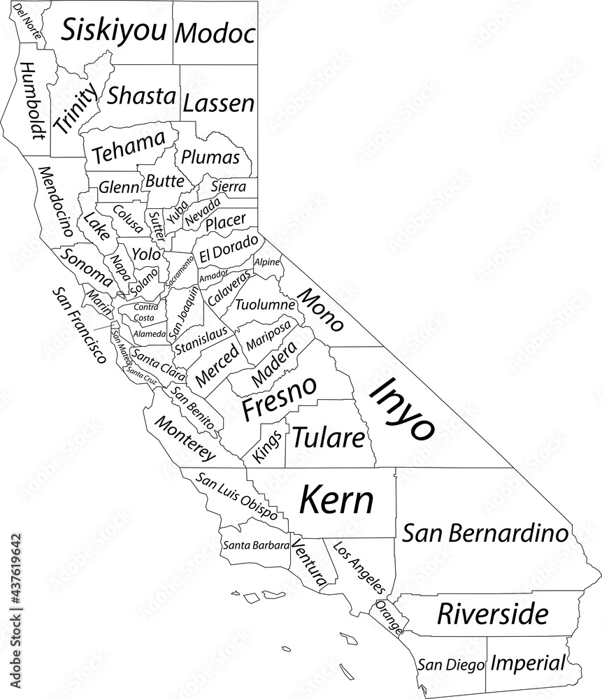 White vector map of the Federal State of California, USA with black ...