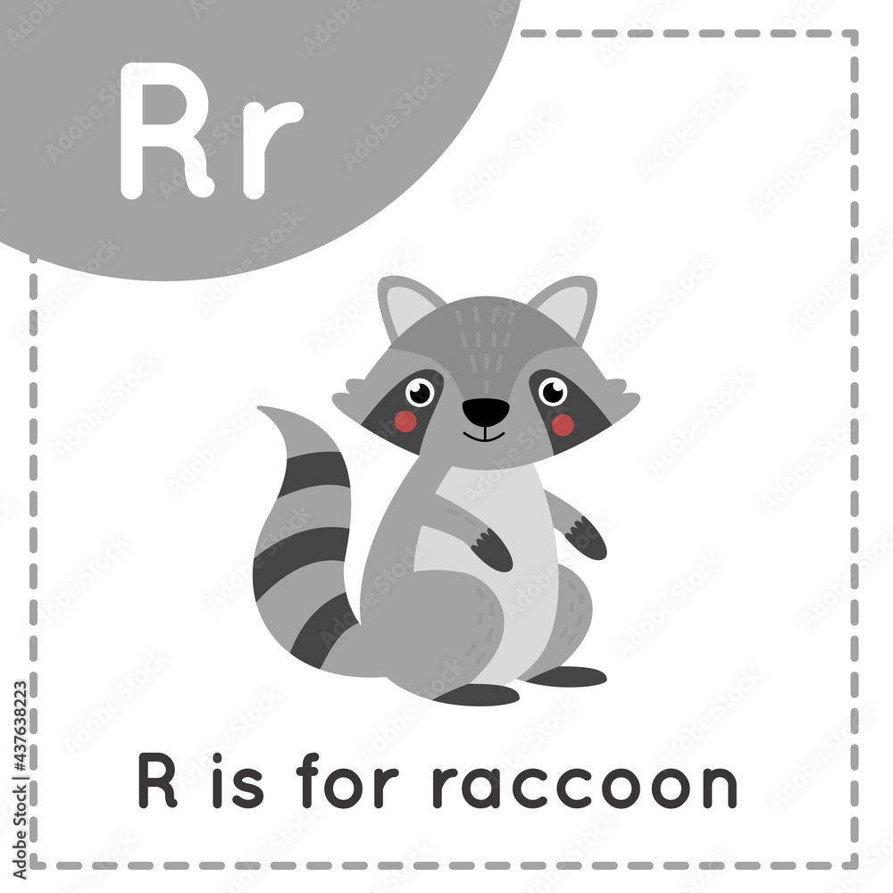 Learning English alphabet for kids. Letter R. Cute cartoon raccoon ...
