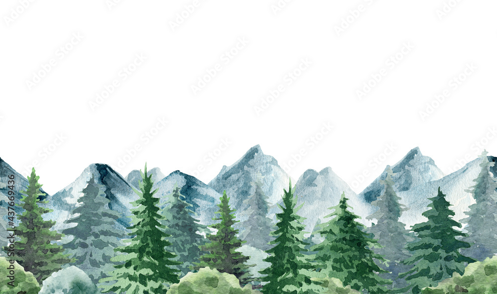 Mountain landscape seamless border. Watercolor illustration. Hand drawn ...