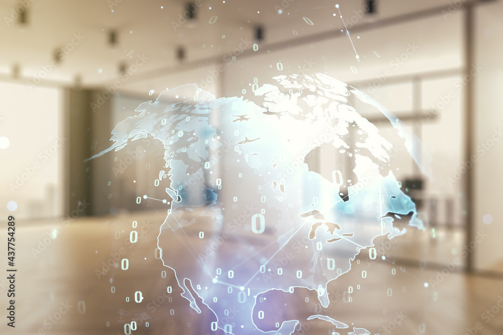 Multi exposure of abstract programming language hologram and world map ...