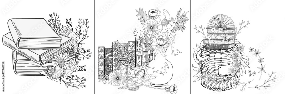Books with flowers coloring page set Stock Illustration | Adobe Stock
