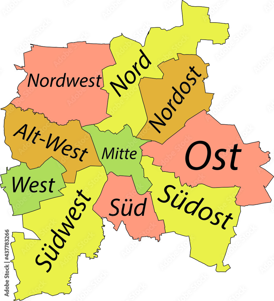 Simple pastel vector map with black borders and names of districts of ...