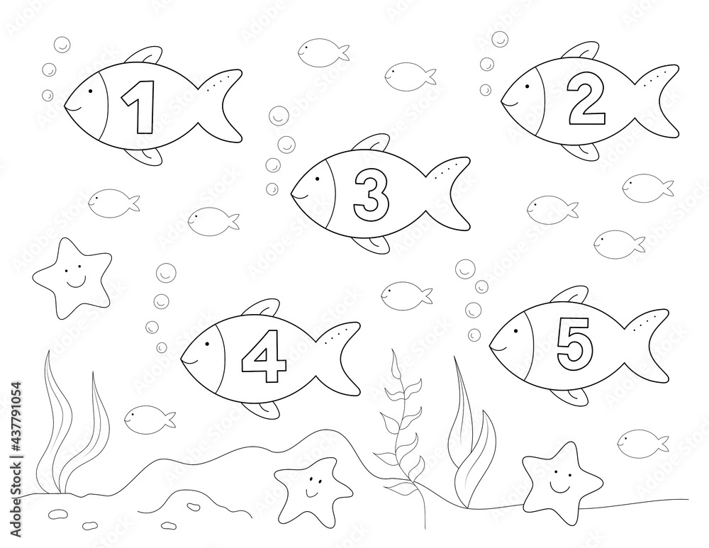 fish with numbers, fun coloring sheet for kids. outline drawing Stock ...