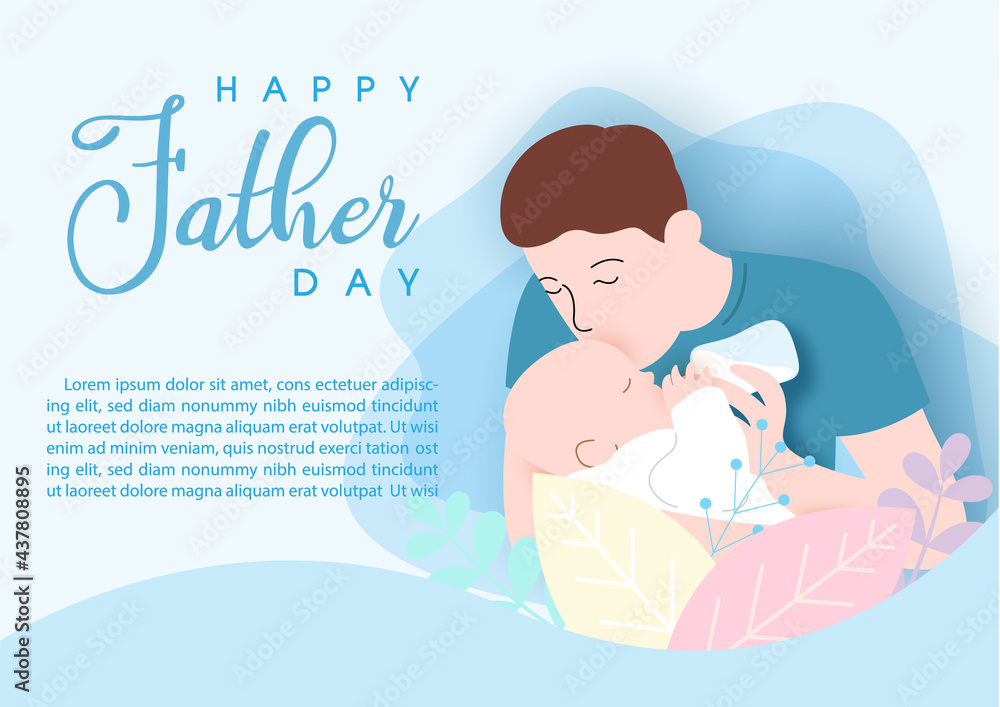 father kiss and feeding milk his baby in cartoon character with with ...