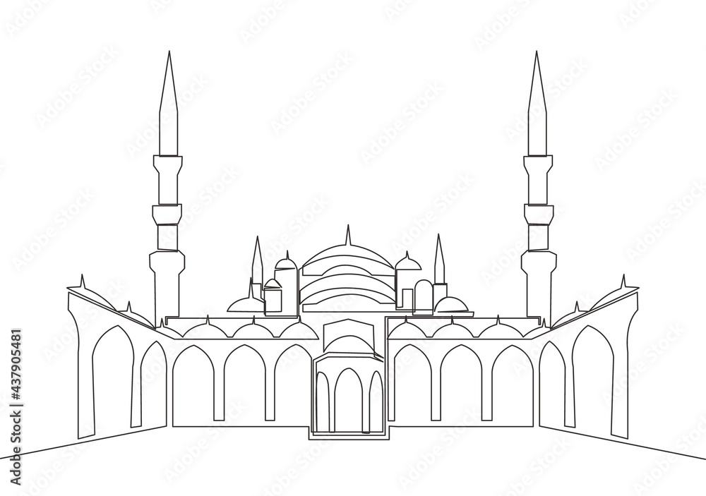 One continuous line drawing of Islamic historical landmark masjid or ...