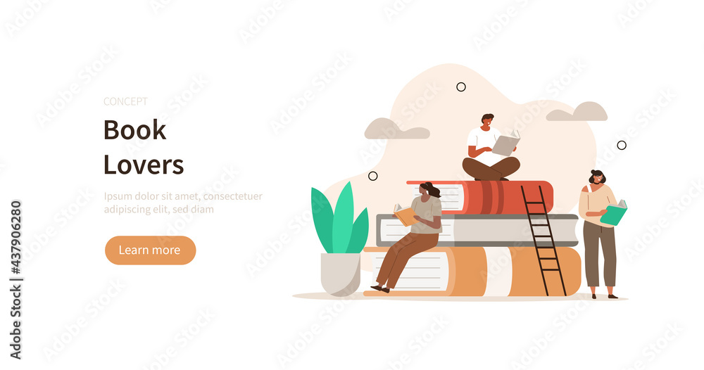 People characters standing near big books pile and reading literature ...