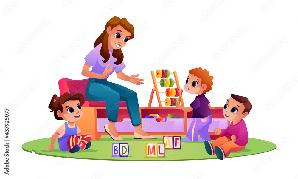 Children and kindergarten teacher at playground playing and studying ...