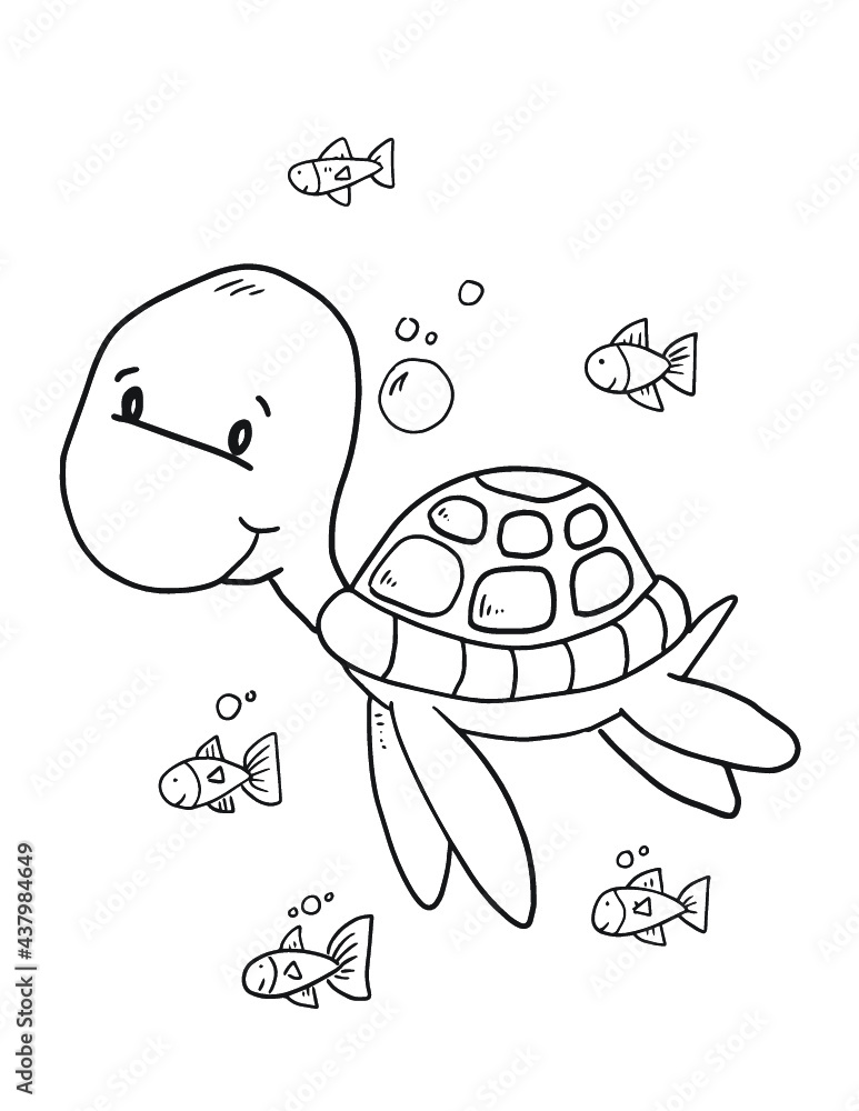 Cute Sea Turtle Coloring book Page Vector illustration Art Stock Vector ...