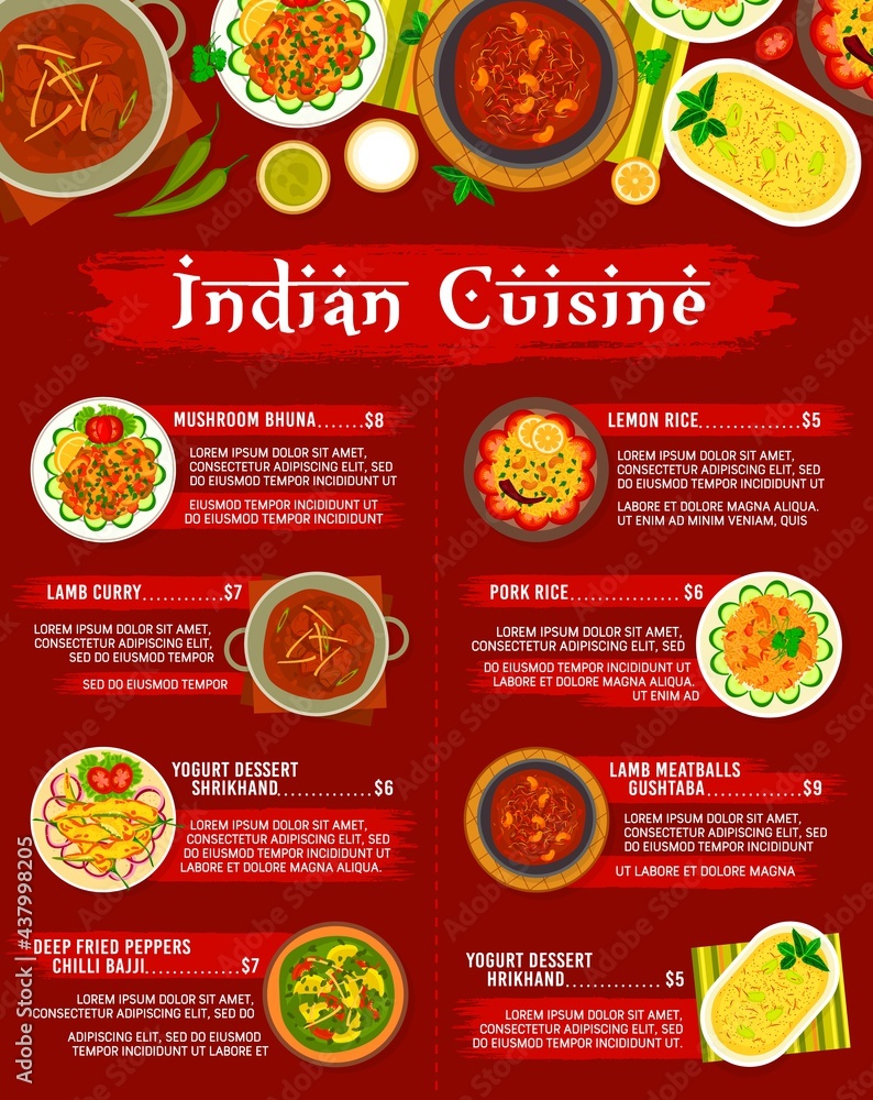 Indian cuisine restaurant menu template. Mushroom bhuna, lamb meatballs ...