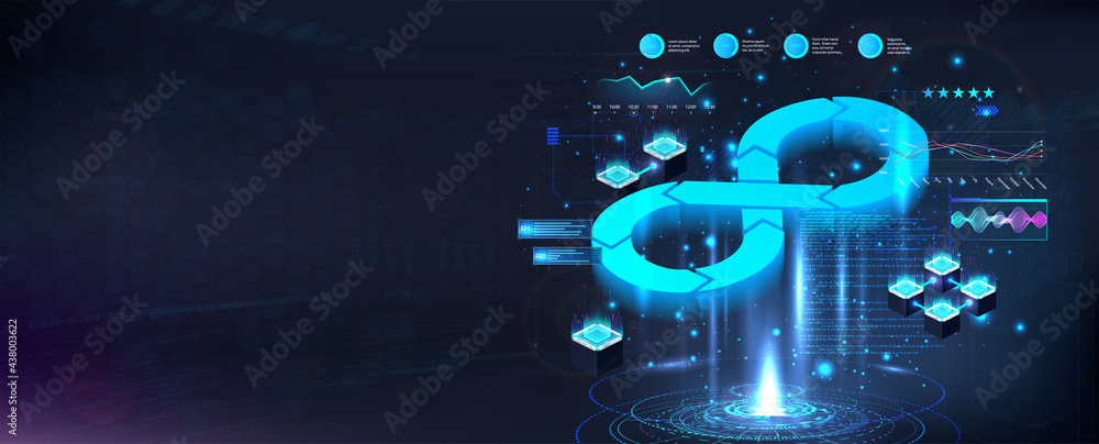 Vetor Futuristic DevOps process banner. Concept software development ...