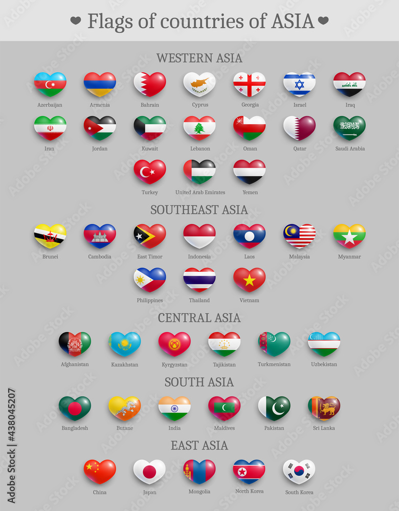 Set of Asia countries flags heart shaped buttons. Asian states national ...